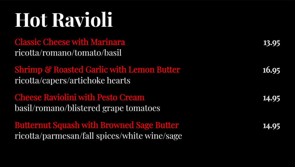 Ellington Take-out/Dine-in Menu – DiFiore Ravioli Shop